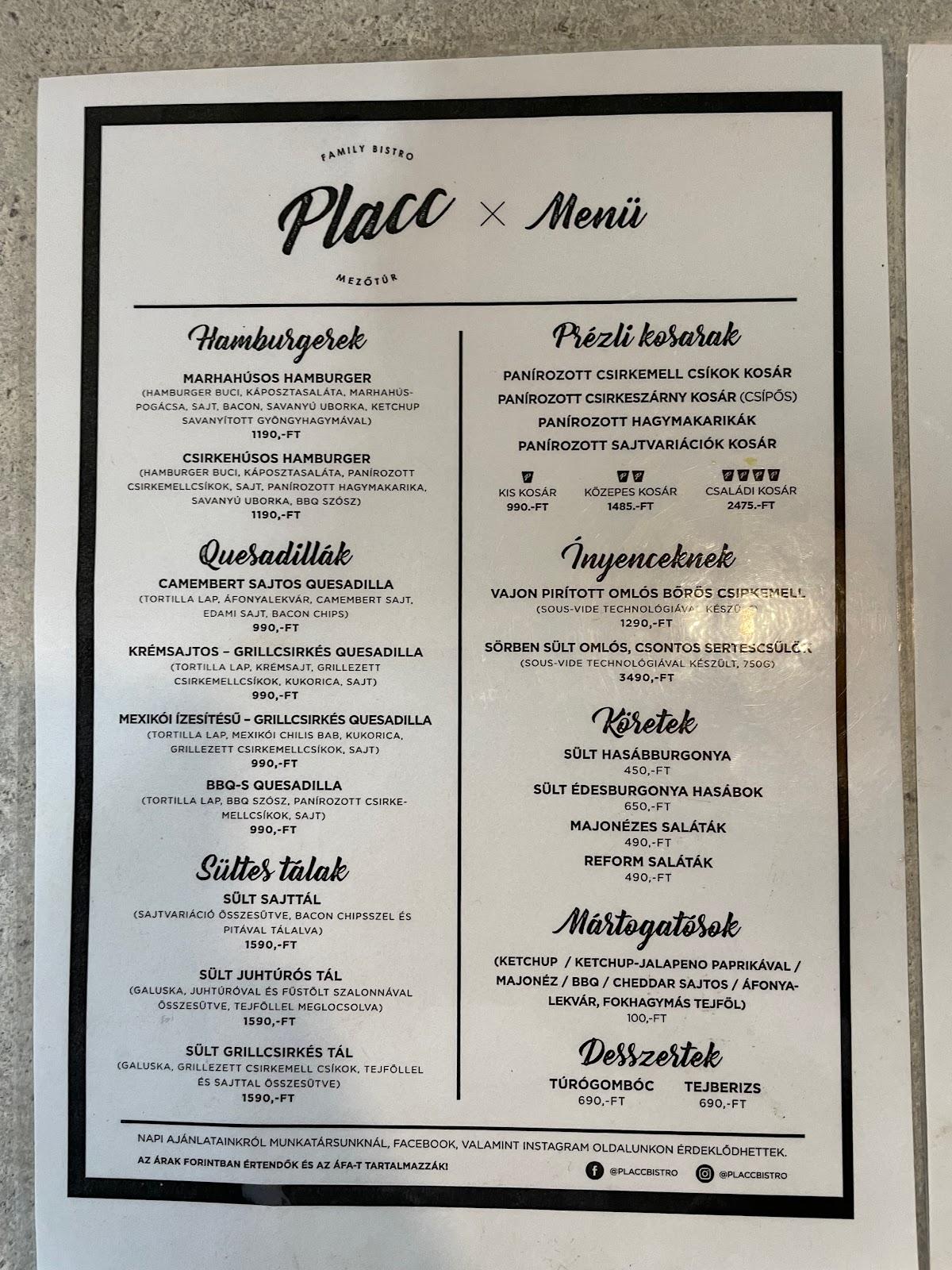 Menu at Placc-Family Bistro restaurant, Mezőtúr