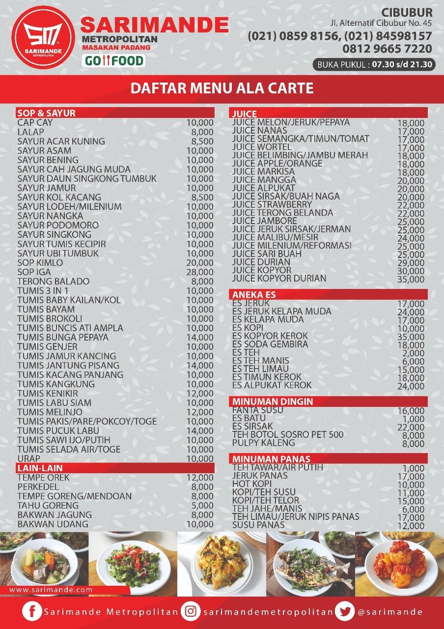 Menu at Sarimande Metropolitan restaurant, Jakarta, Jl. Teuku Cik ...