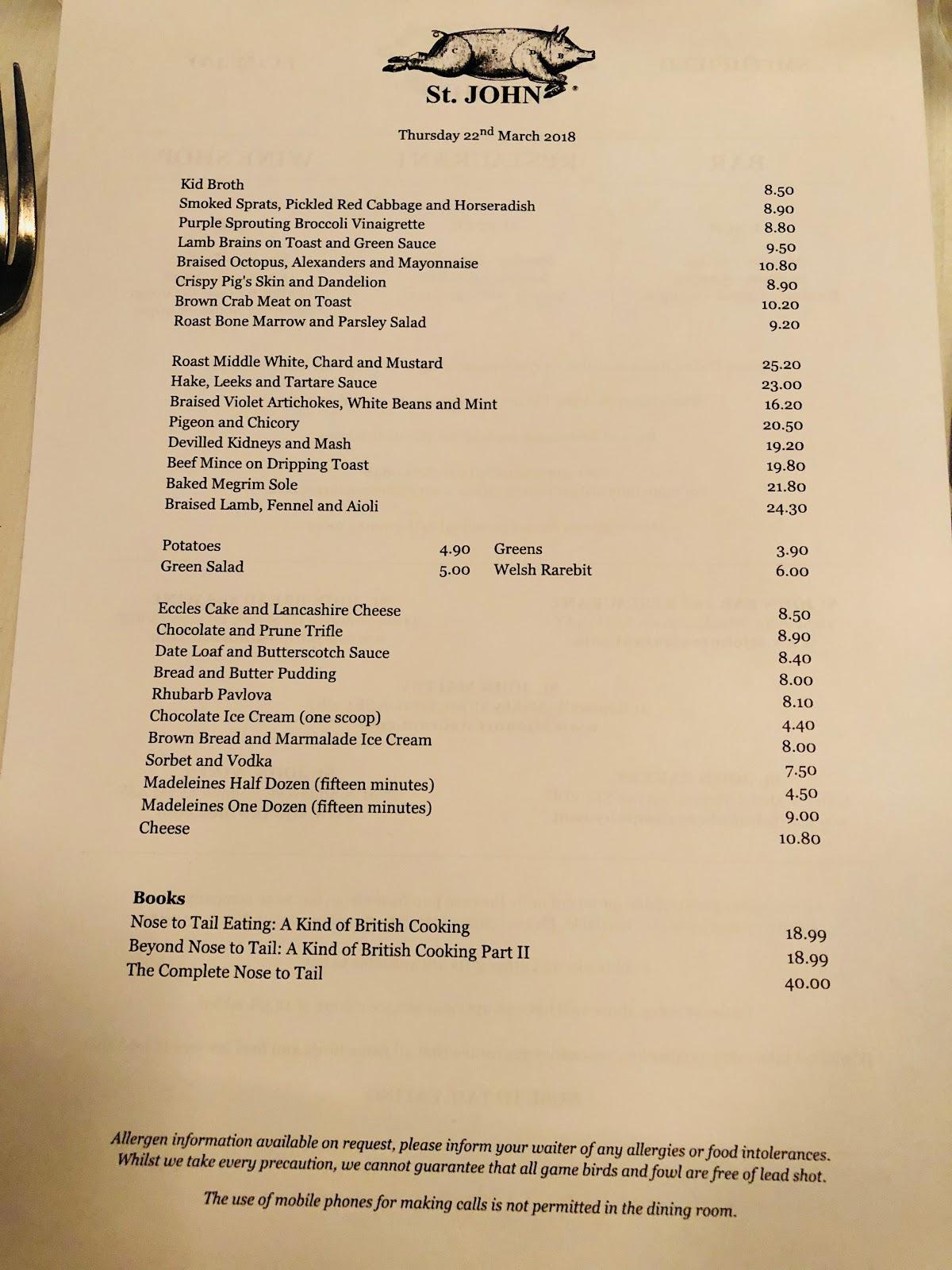 Menu at St. John pub & bar, London