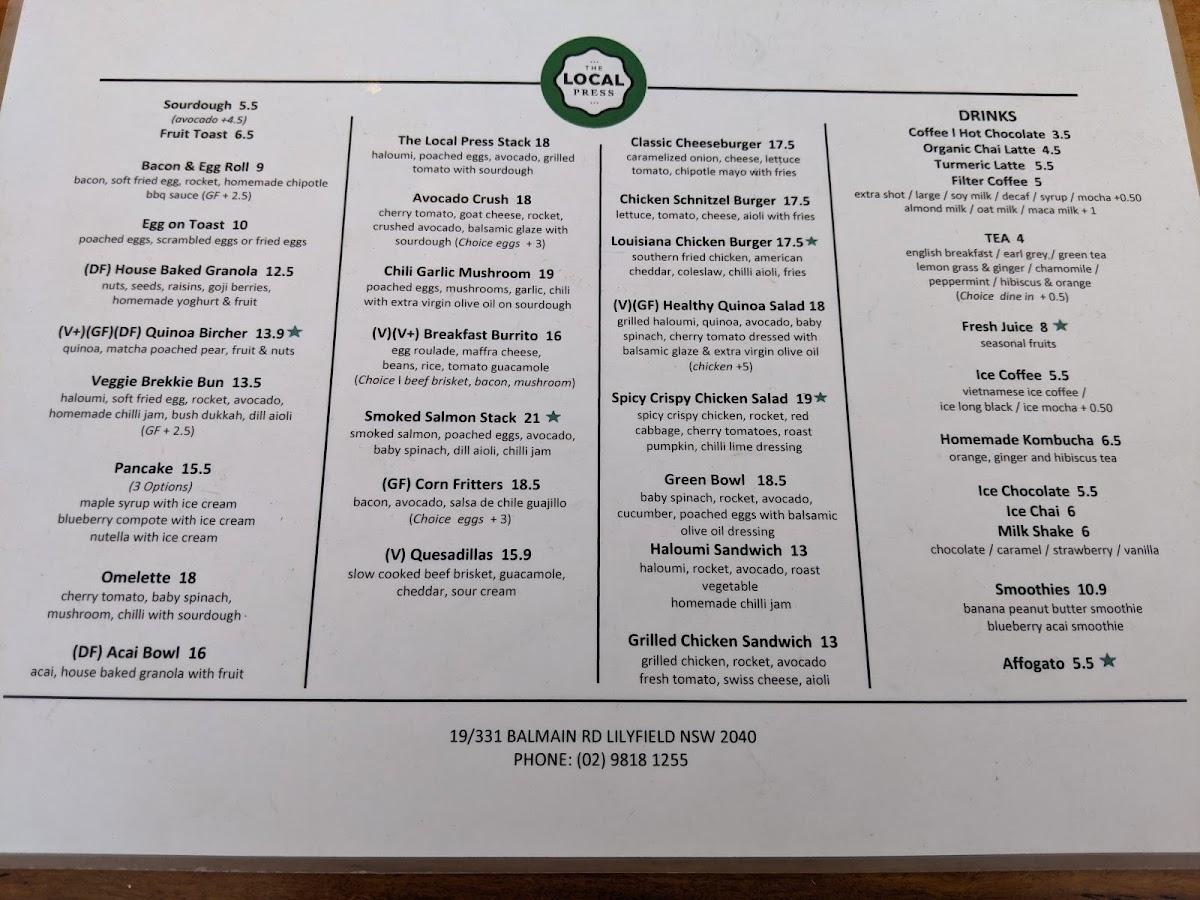 Menu at The Local Press Lilyfield restaurant, Lilyfield
