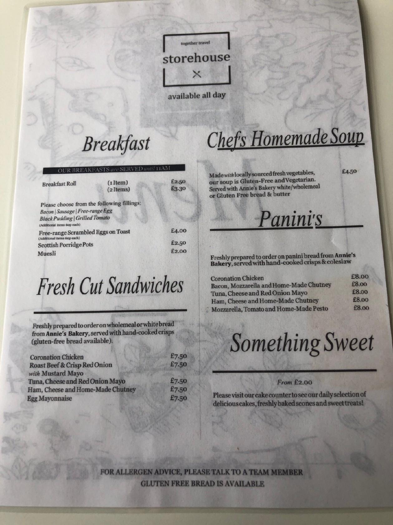 Menu at The Storehouse restaurant, John o' Groats, The Storehouse