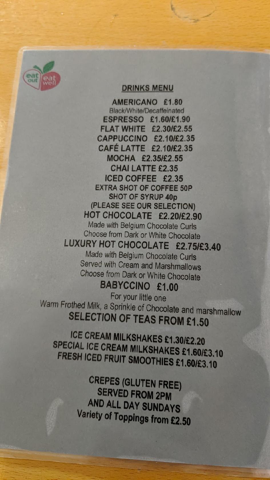 Menu at Jacarandas cafe, Midsomer Norton
