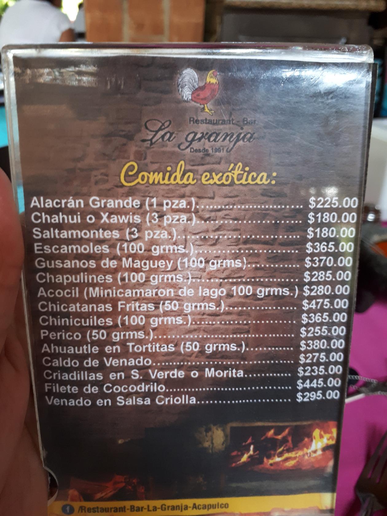 Menu at La Granja restaurant, Acapulco, Blvd. de las Naciones 1221