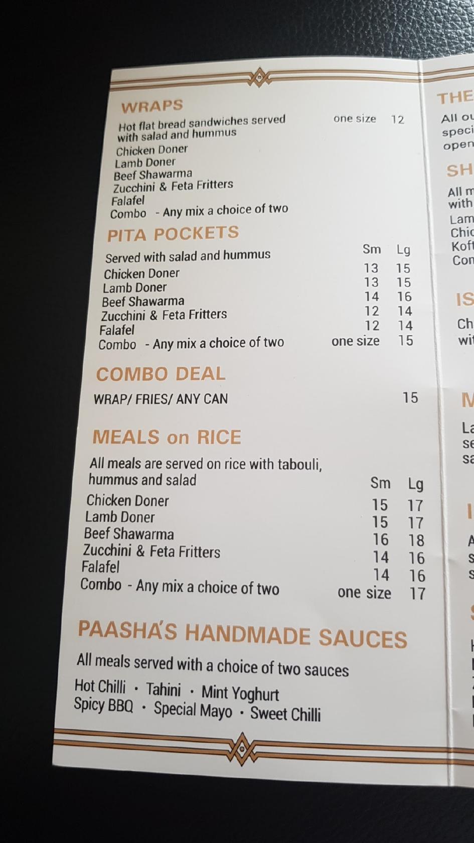 Menu at Paasha Turkish Kitchen restaurant, Auckland, 261 Dominion Rd