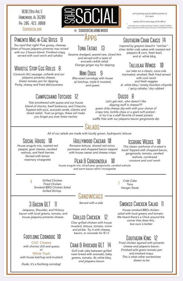 Menu at SoHo Standard pub & bar, Homewood
