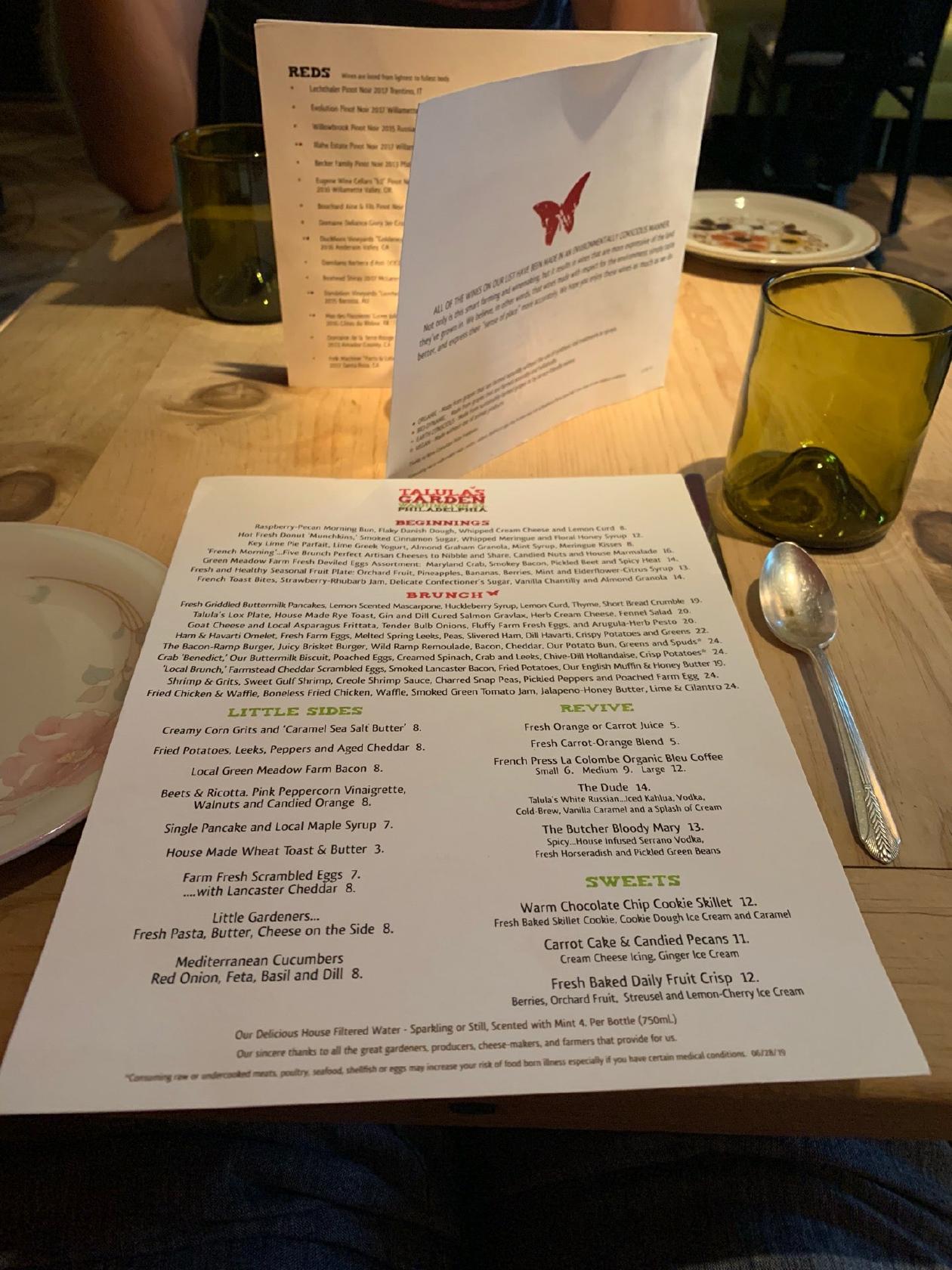 Menu at Talula's Garden restaurant, Philadelphia