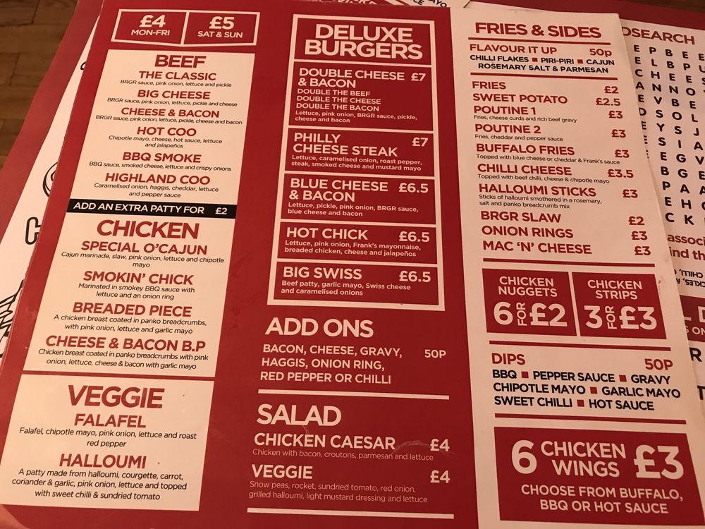 Menu at Brgr restaurant, Edinburgh, 4-6 Nicolson St