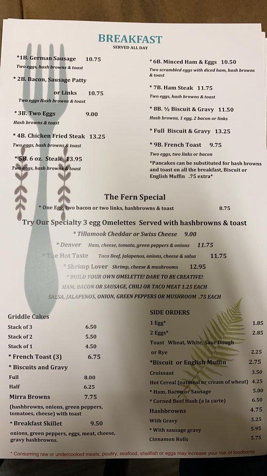 Menu at Fern Restaurant & Lounge, Tillamook
