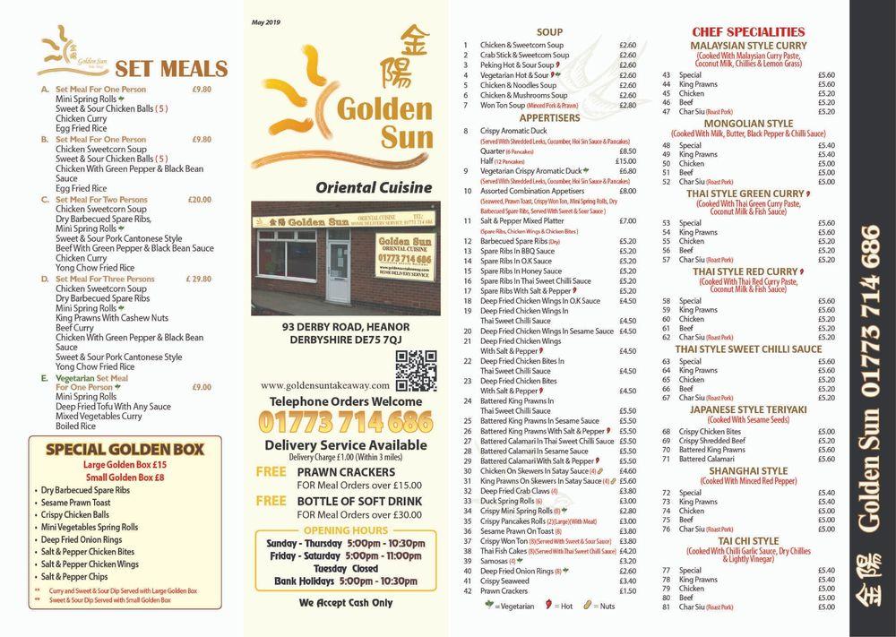 Menu at Golden Sun Chinese Takeaway, Heanor
