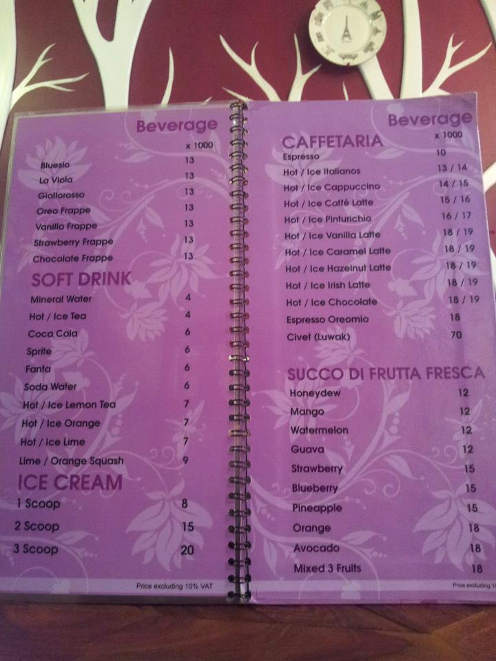 Menu at IQ Pasta and Steak restaurant, Yogyakarta