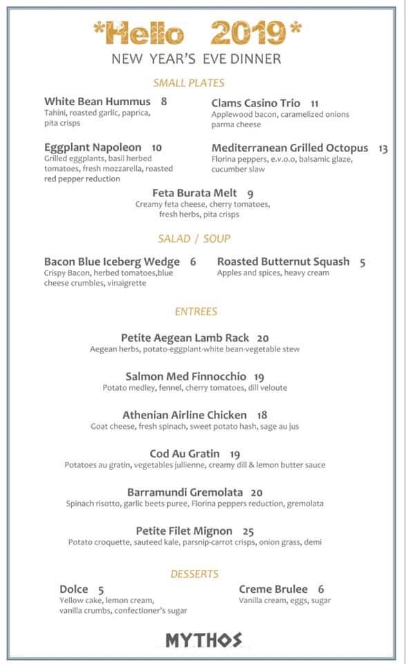 Menu at Mythos Restaurant, Buffalo