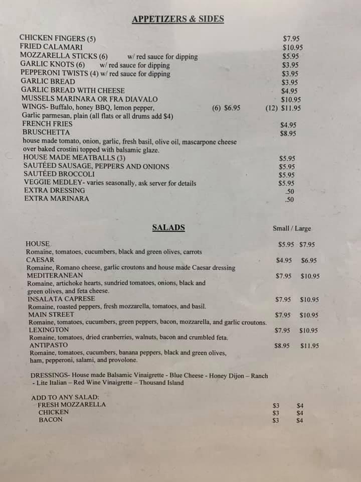 Menu at Nicky's Pizzeria, Lexington