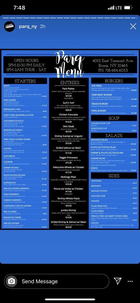 Menu at Parq pub & bar, New York City