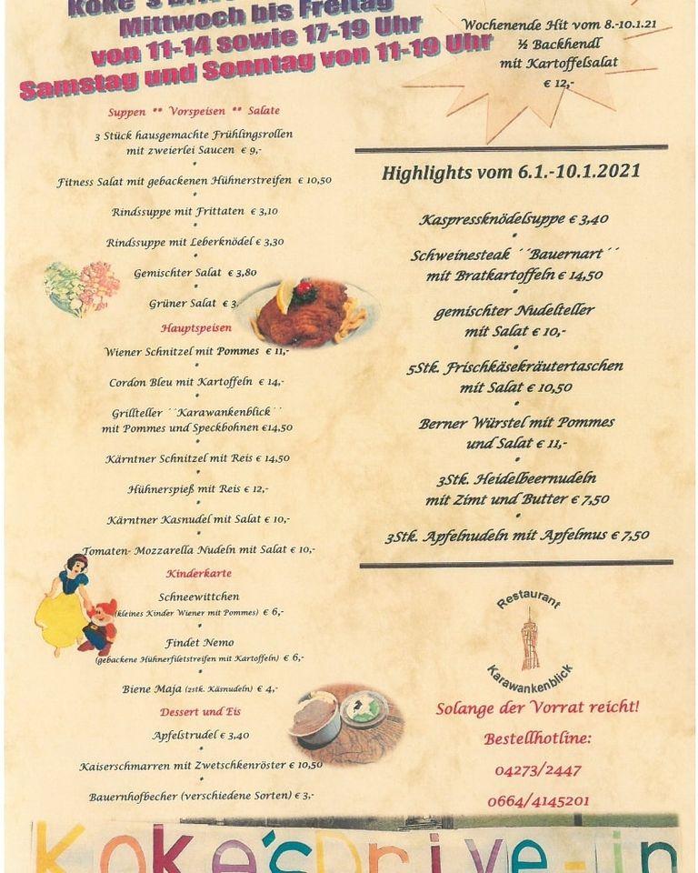 Speisekarte von Restaurant Karawankenblick am Pyramidenkogel Christoph ...