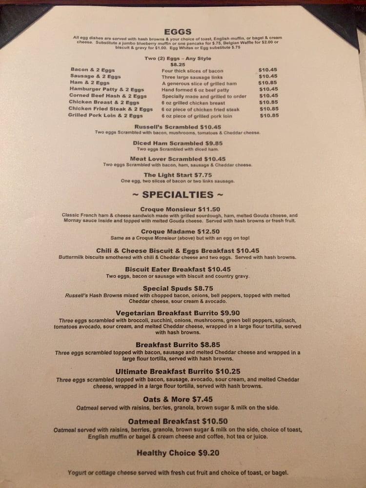 Menu at Russell's restaurant, Pasadena