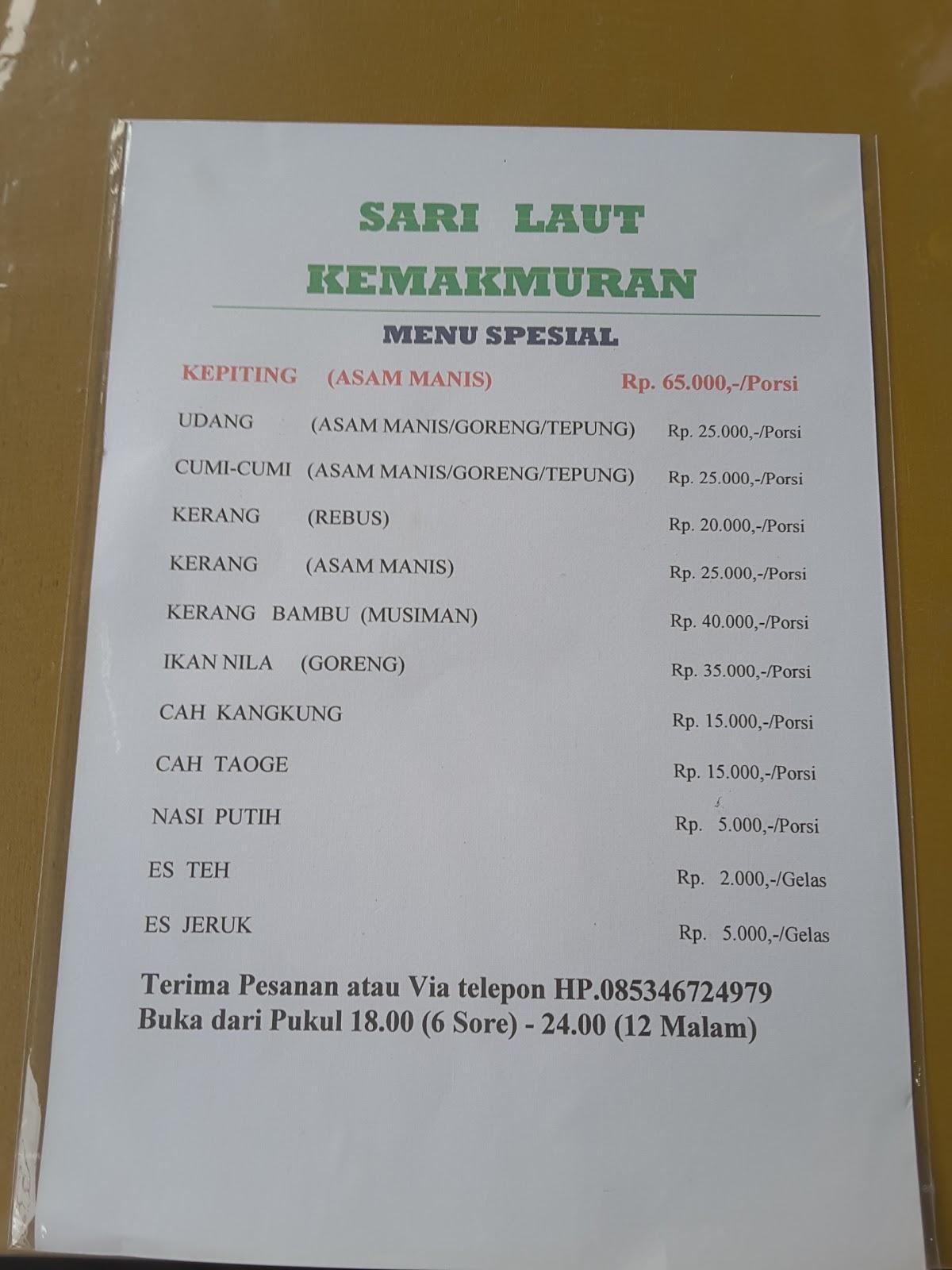 Menu at SARI LAUT KEMAKMURAN restaurant, Samarinda