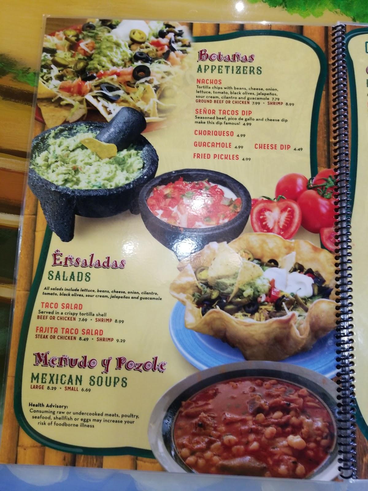 Menu at Señor Tacos restaurant, Lafayette