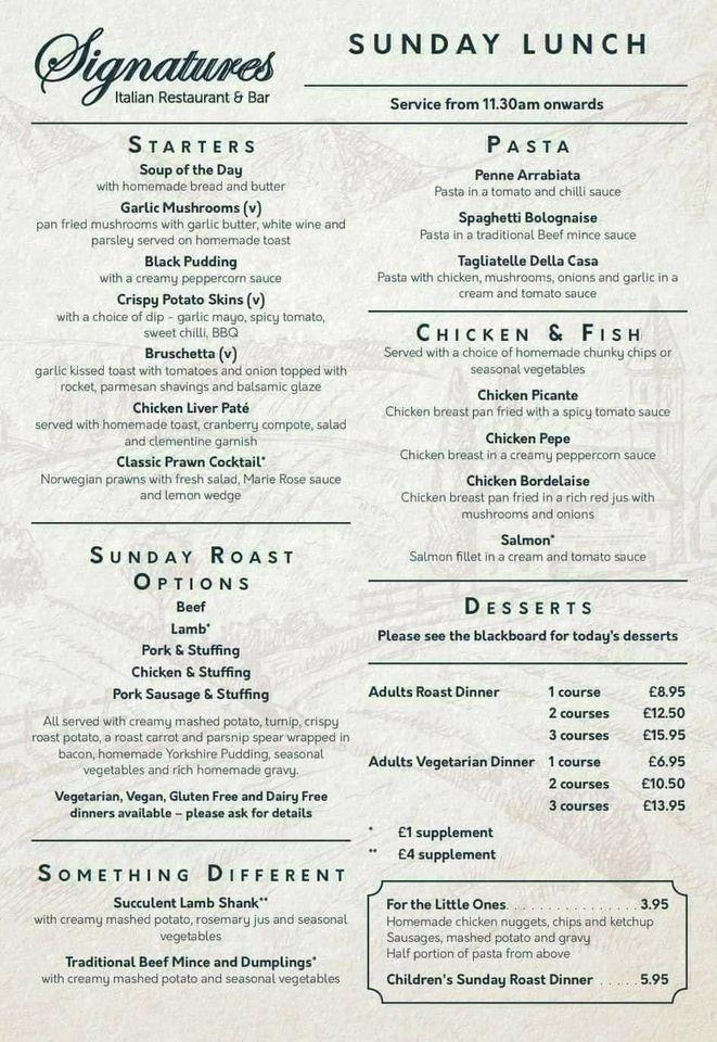 Menu at Signatures Italian & Grill restaurant, Sunderland