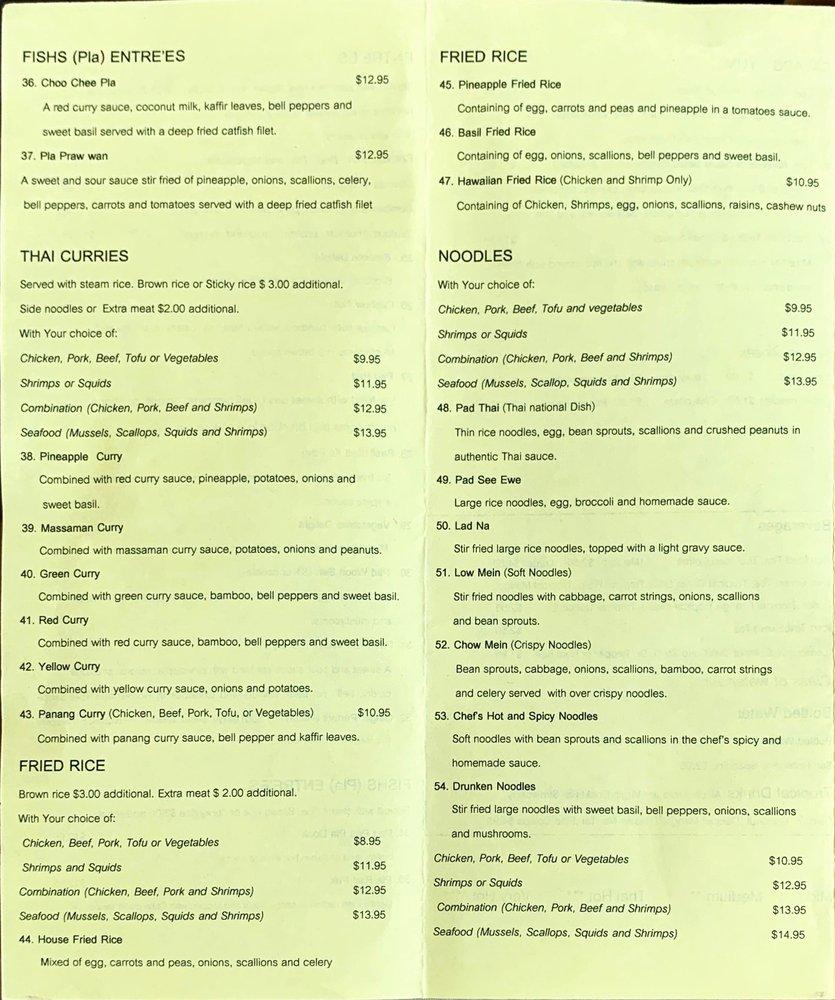 Menu at Taste of Thai Cuisine restaurant, Roswell