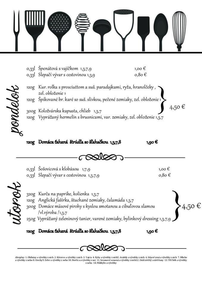 Menu at Via Magna restaurant, Prešov