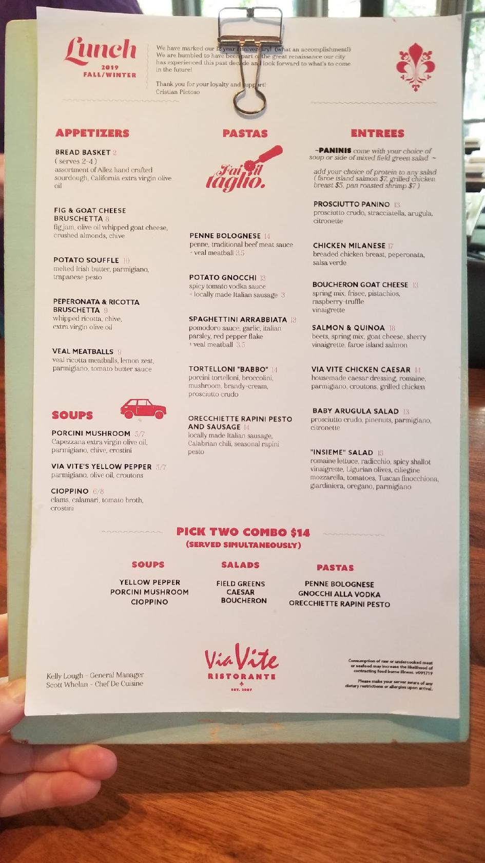 Menu at Via Vite restaurant, Cincinnati