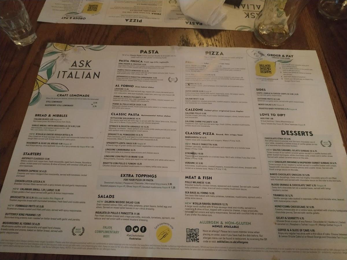 Menu at ASK Italian pizzeria, Winchester