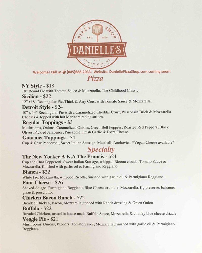 Menu at Danielle's Pizza Shop pizzeria, Phoenicia