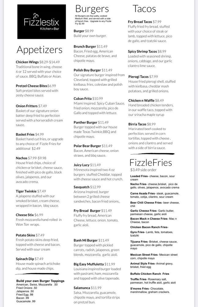 Menu at Fizzlestix restaurant, Massillon