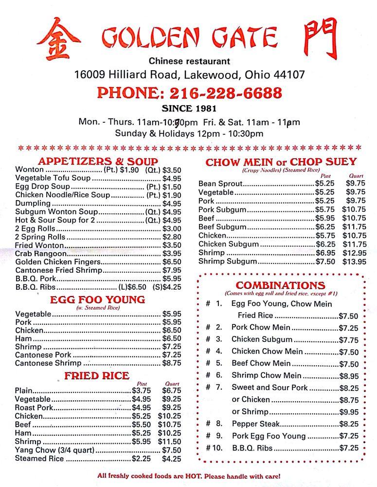 Menu at Golden Gate Chinese Restaurant, Lakewood, Hilliard Rd