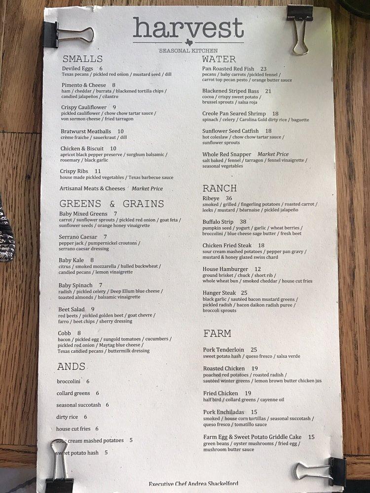 Menu at Harvest at the Masonic restaurant, McKinney