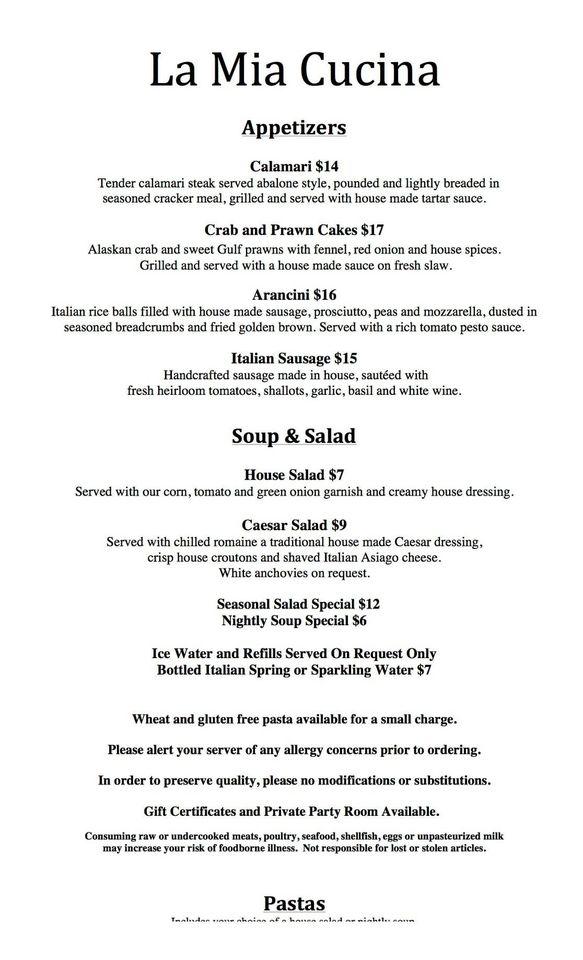 Menu at La Mia Cucina restaurant, Pacific Grove