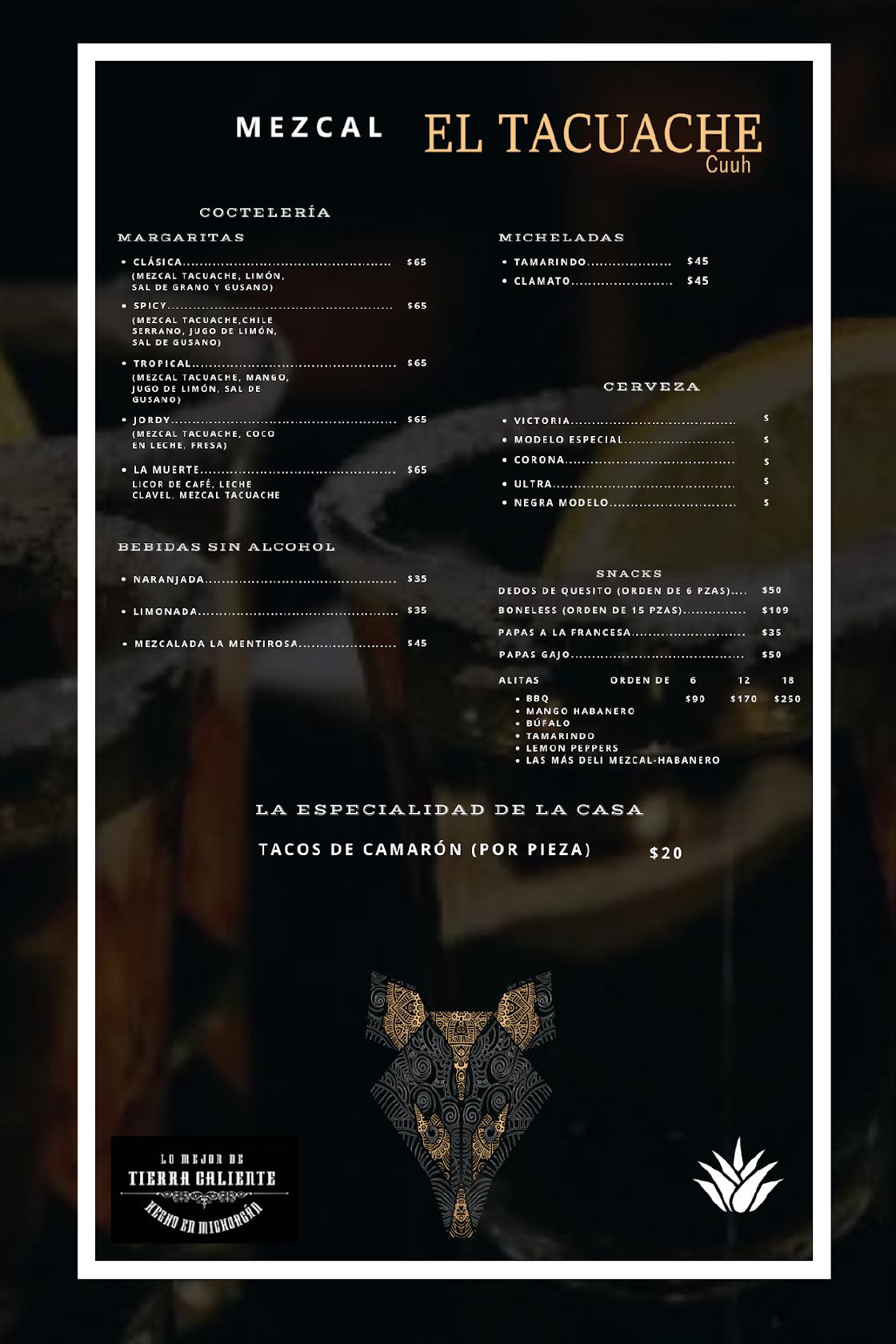 Menu at Mezcalería El Tacuache pub & bar, Tacámbaro de Codallos