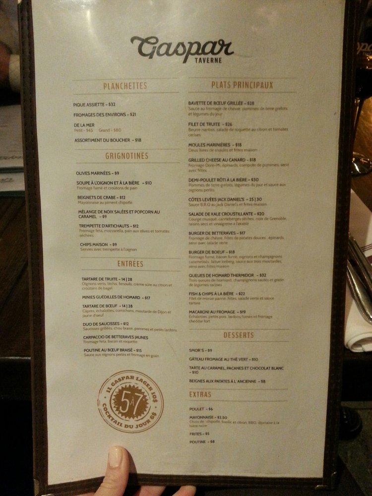 Menu at Gaspar Brasserie Française restaurant, Montréal