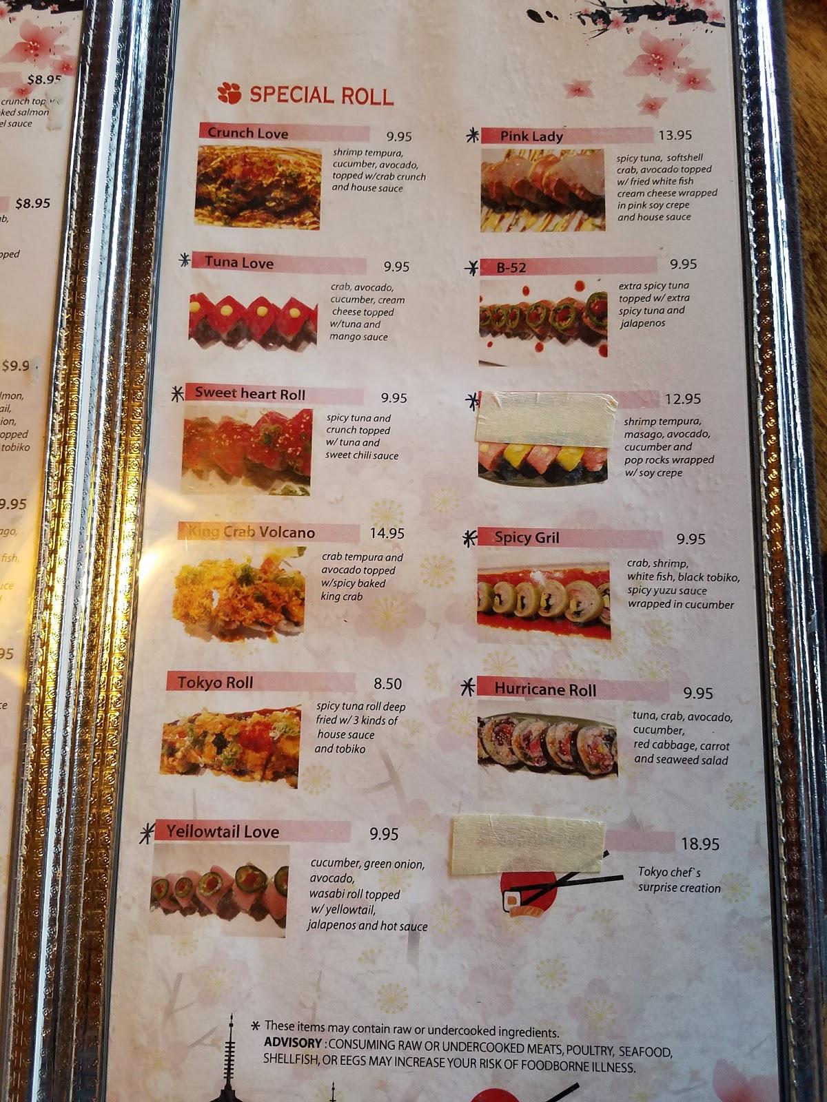 Menu at Tokyo Japanese Restaurant, Clemson