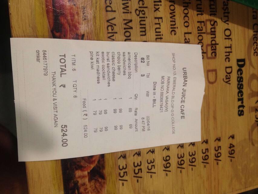 Menu at urban juice cafe, Virar, shop no 2