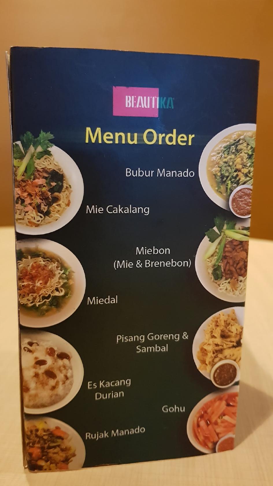 Menu at Beautika restaurant, Jakarta, Jl. Hang Lekir No.1