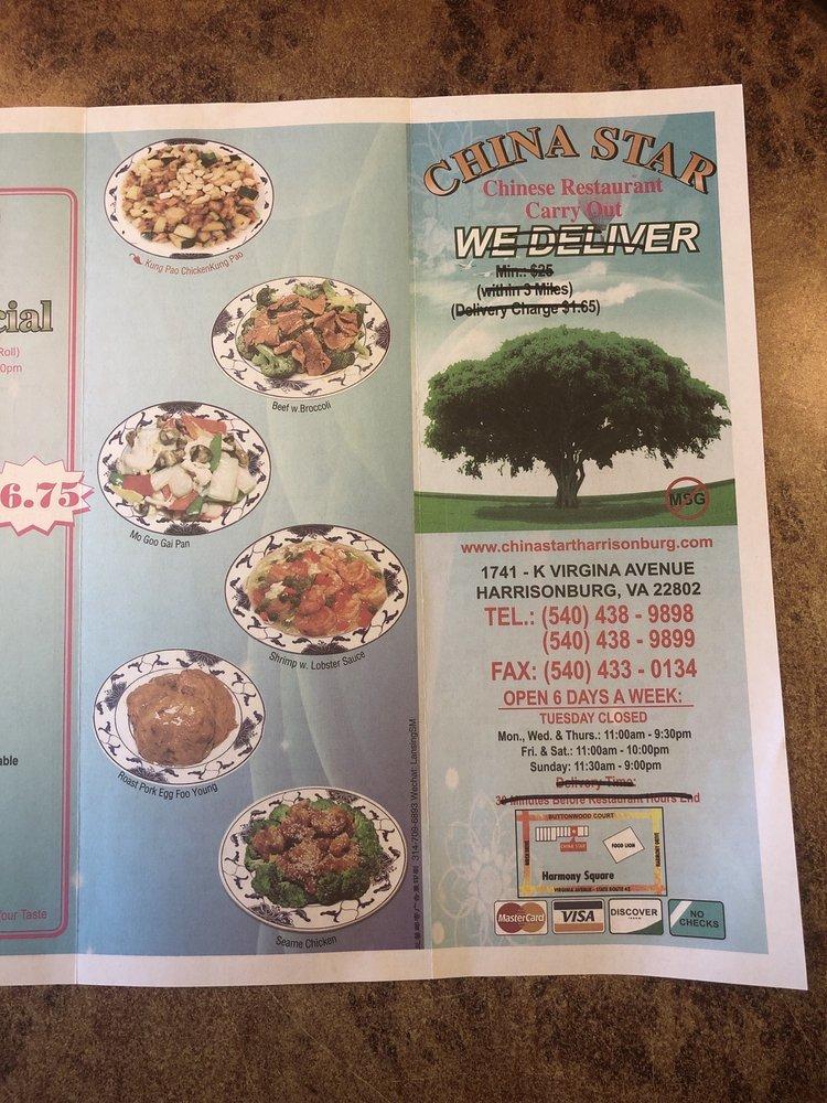 Menu at China Star restaurant, Harrisonburg