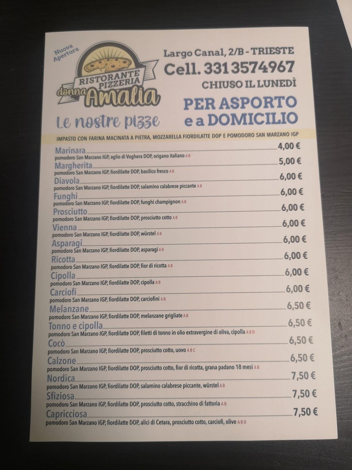 Menu da Donna Amalia ristorante, Trieste
