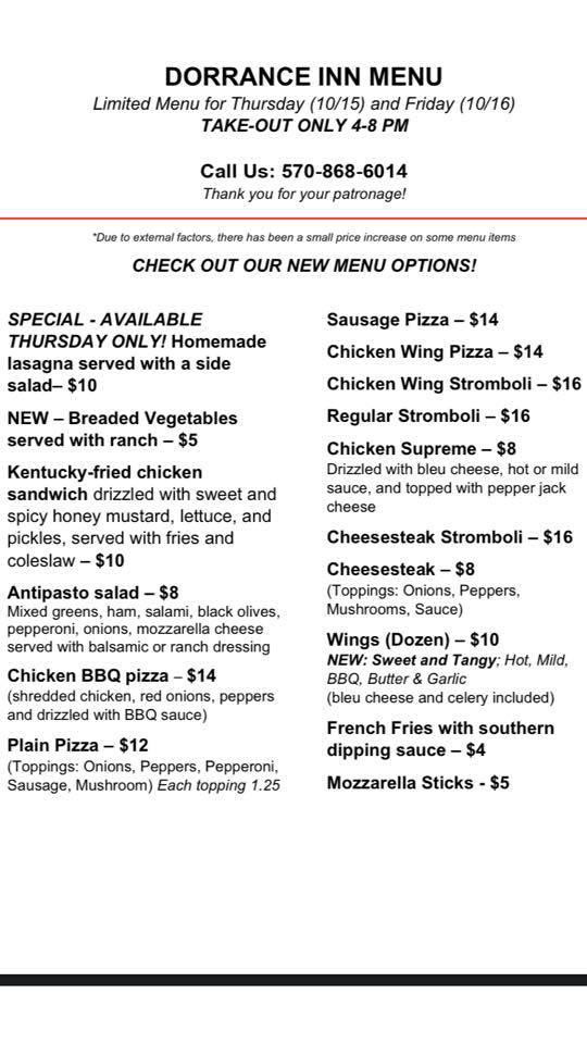 Menu at Dorrance Inn pub & bar, Mountain Top, Blue Ridge Trl