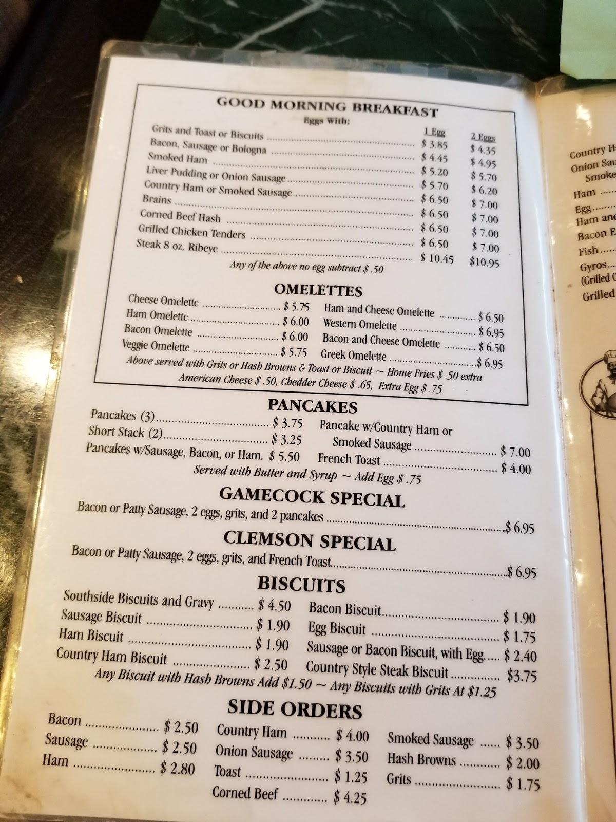 Menu at George's Southside Restaurant, Cayce