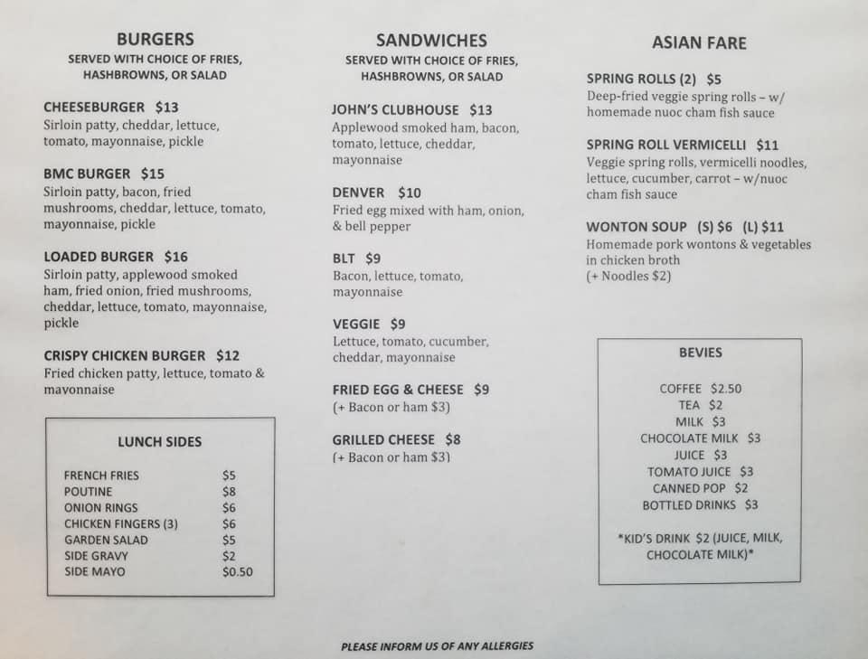Menu at John's Breakfast & Lunch restaurant, Calgary