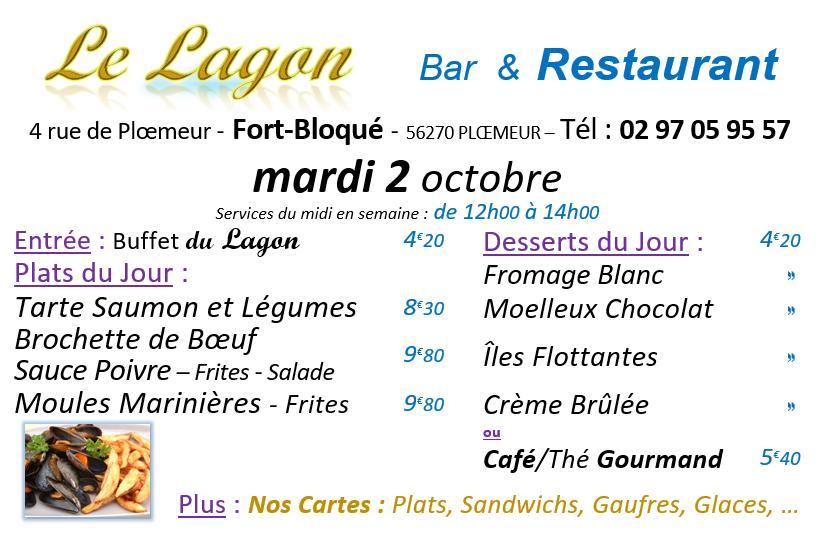 Menu au Le Lagon restaurant, Ploemeur, 4 Rue de Ploemeur
