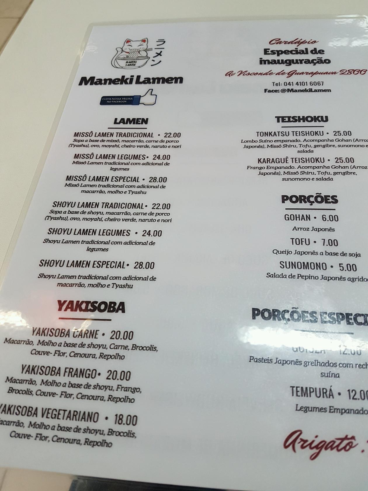 Menu em Maneki Lamen restaurante, Curitiba