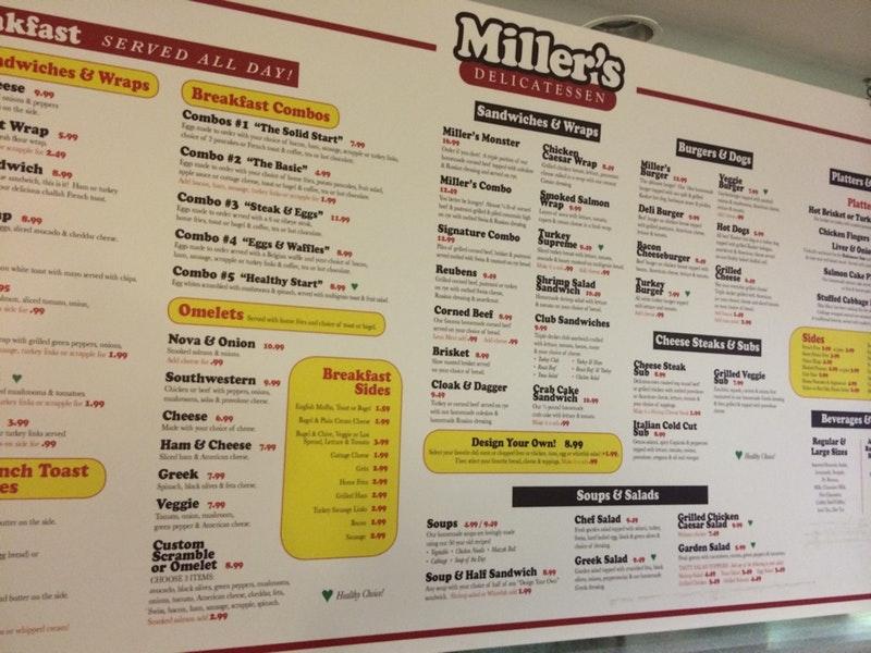 Menu at Miller's Deli restaurant, Baltimore, Smith Ave
