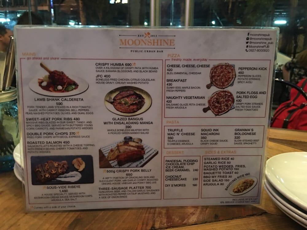 Menu at Moonshine pub & bar, Pasig