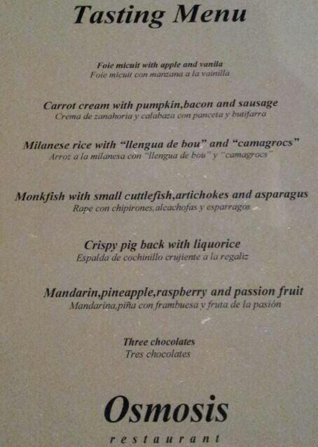 Menu at Osmosis restaurant, Barcelona, Carrer d'Aribau