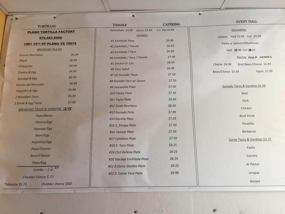 Menu at Plano Tortilla & Tamale Factory restaurant, Plano
