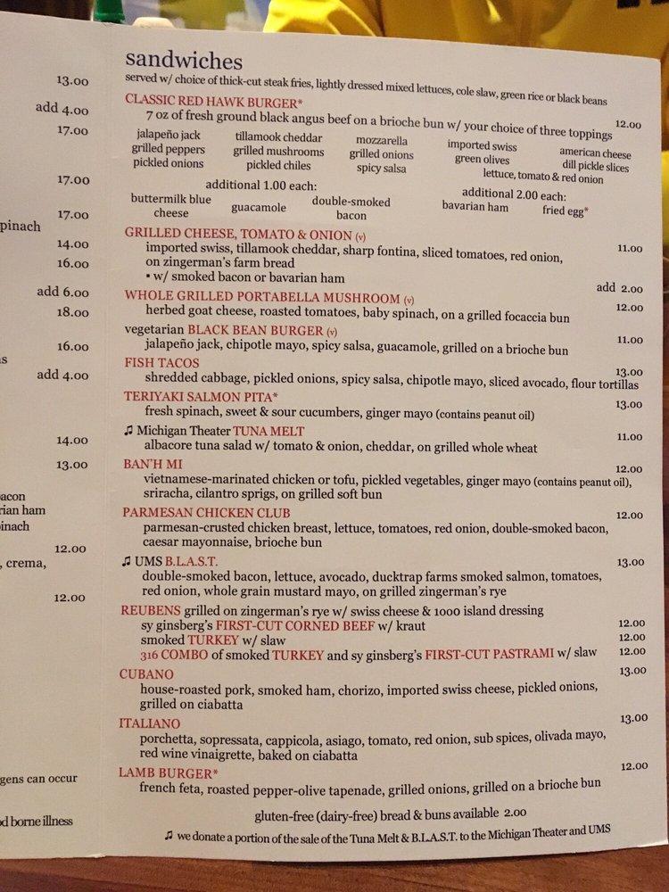 Menu at Red Hawk Bar & Grill, Ann Arbor