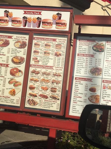 Menu at Tams Burgers restaurant, Ontario