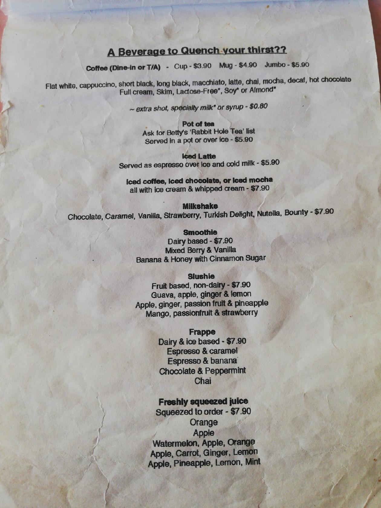 Menu at Betty Blue & The Lemon Tart restaurant, Townsville, 95 Denham St